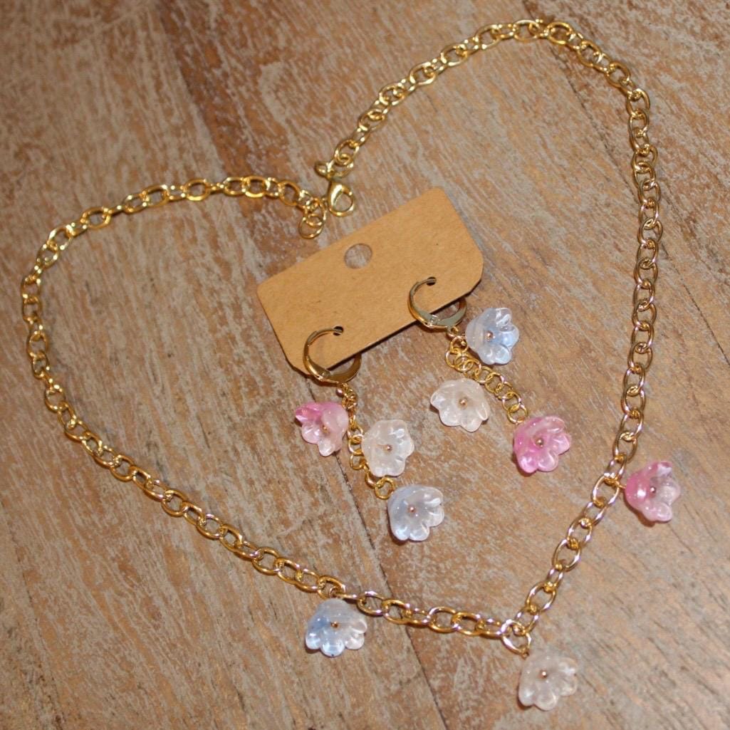 Trans Pride Flag Necklace & Earring Set: Tricolor Glass Flower Jewelry ...