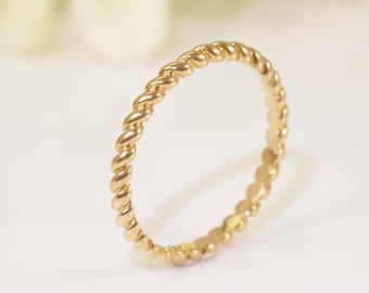 Solid Gold Braided Rope Ring, Dainty Twist Ring, 1.2mm Twisted Rope Wedding Band, Twisted 14k ...