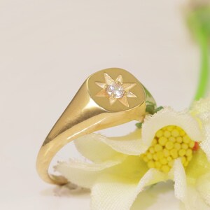 Diamond Signet Ring, 14K Solid Gold Star Setting Diamond Signet Ring ...