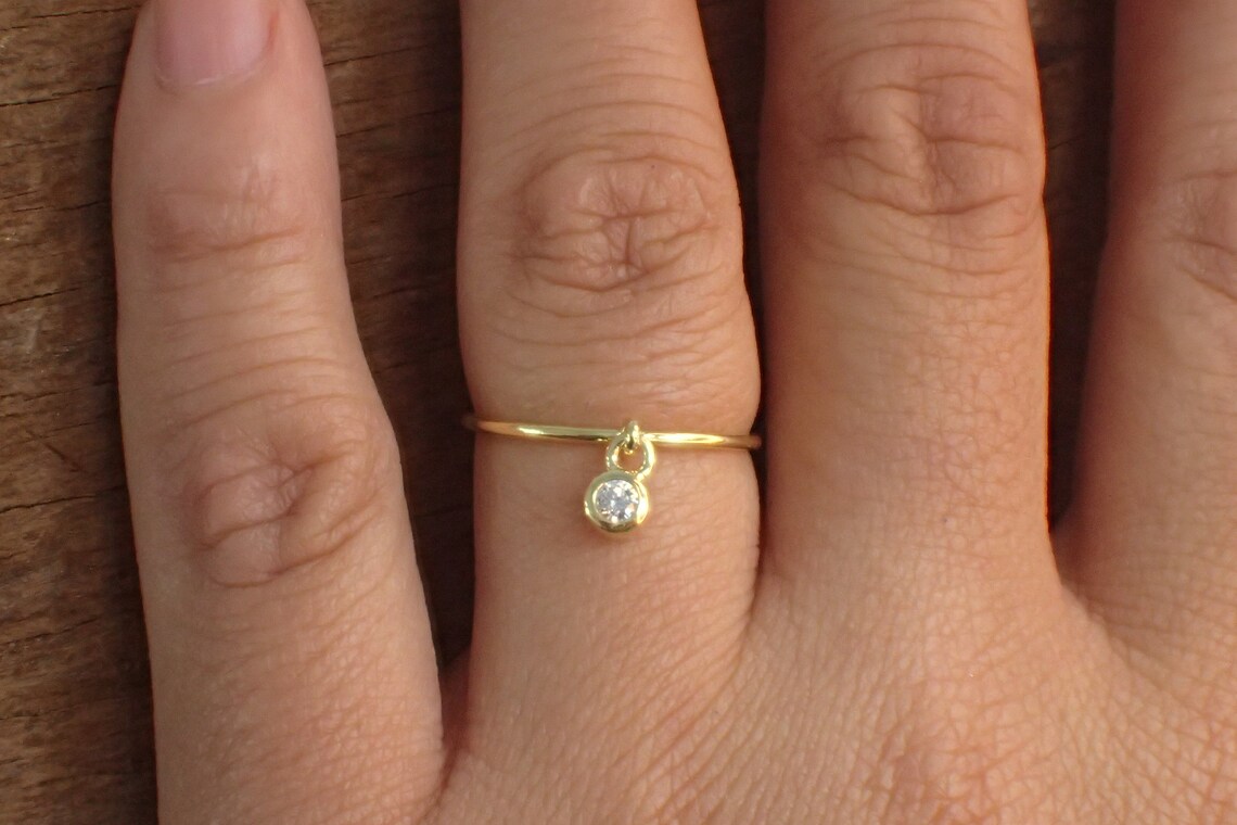 0.06ctw Round Cut Diamond Dangle Ring / 14k Yellow Gold Thin | Etsy