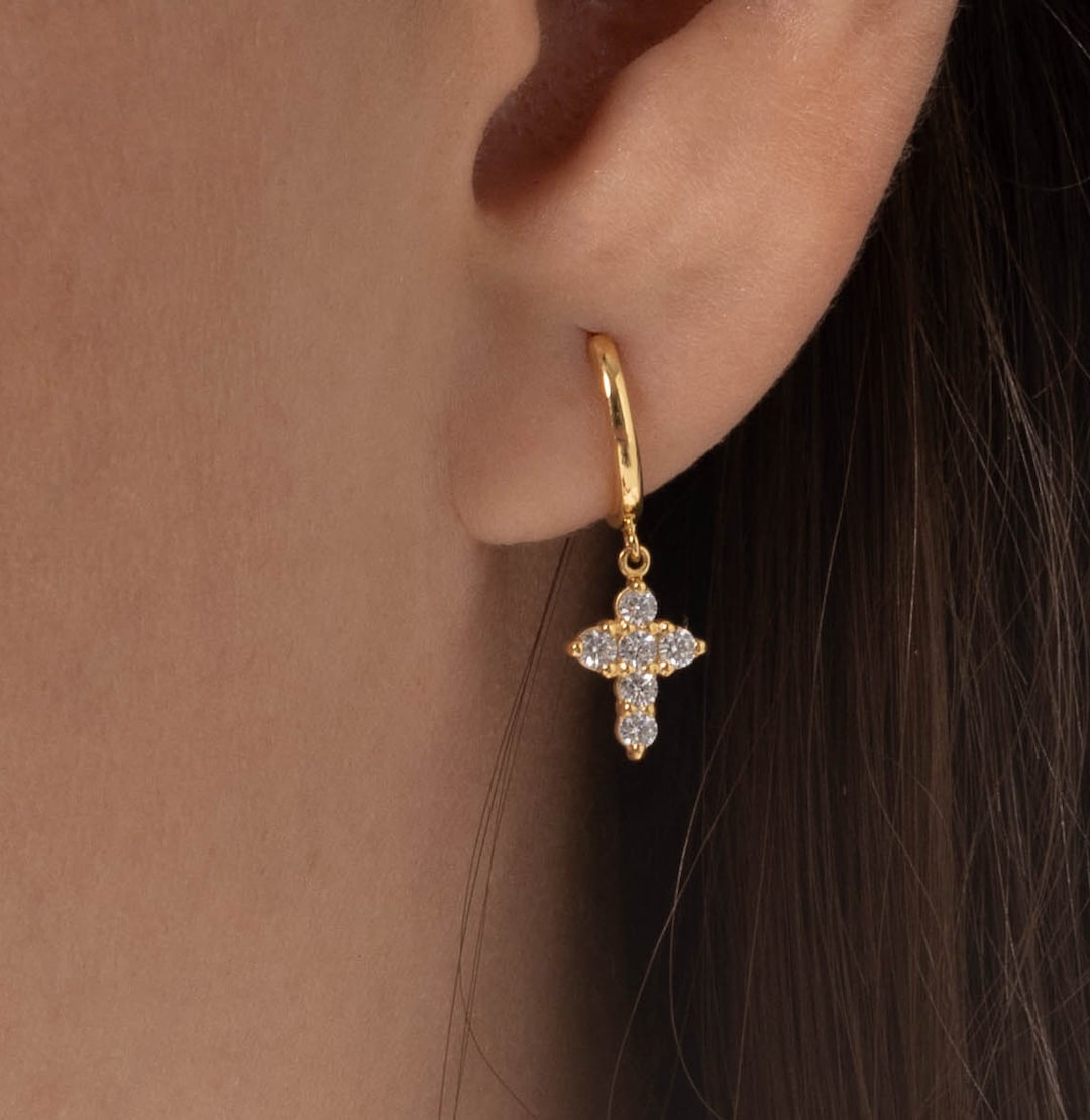 Minimalist Cross Hoop Earrings, Cross Pendant Earrings, Minimalist Cross Jewelry for Women ...