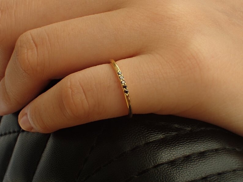 Black Diamond Dainty Staking Ring 14k Gold Diamond Stackable - Etsy