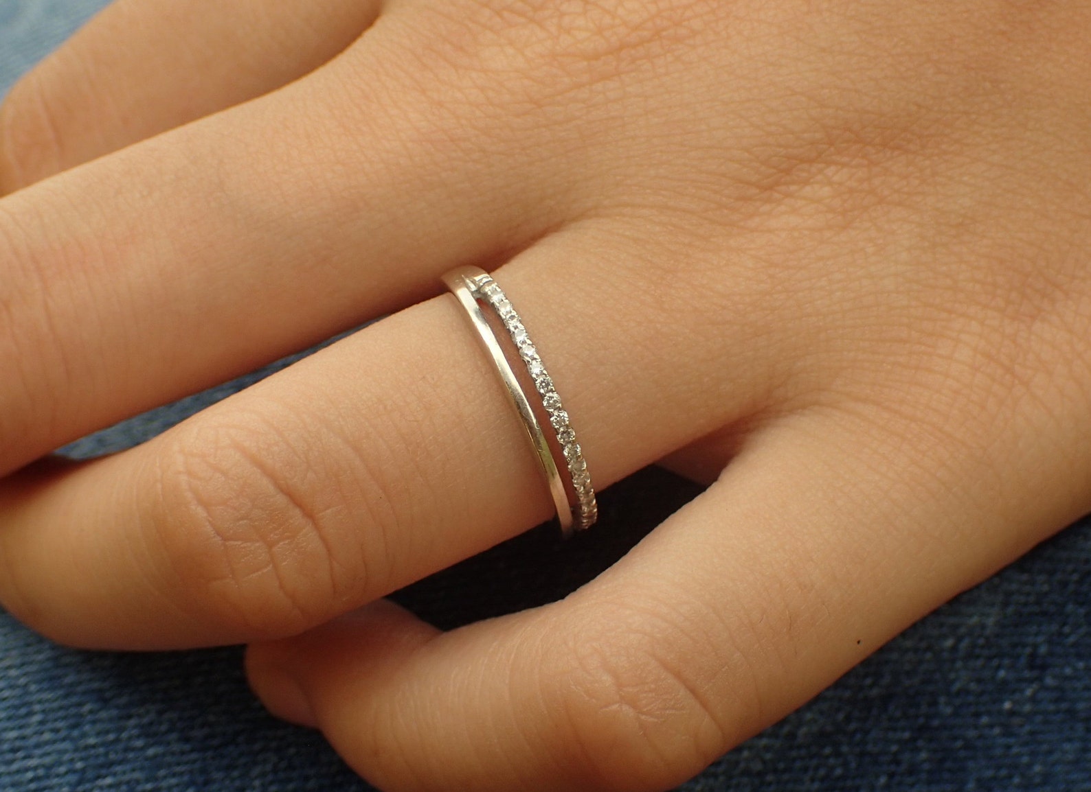 Double Row Diamond Wedding Band 14k White Gold Two Row Ring - Etsy