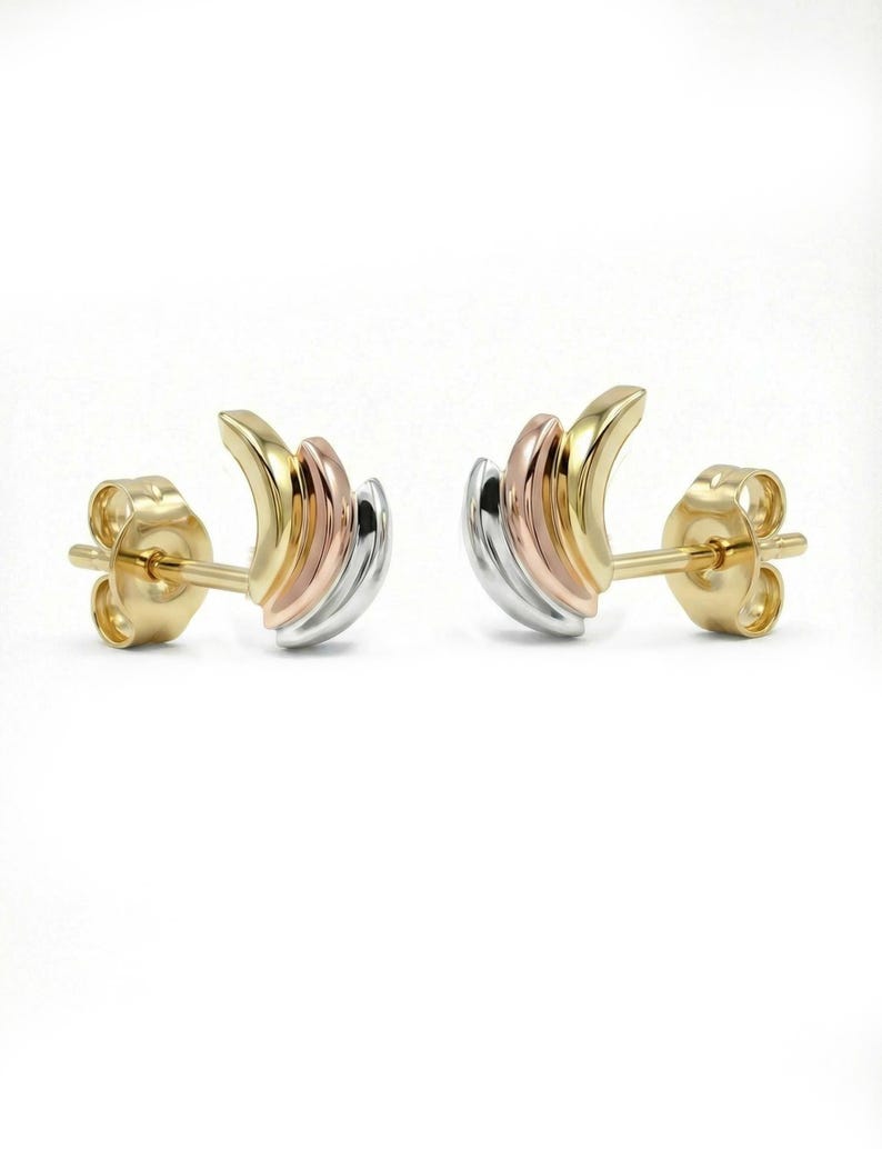 Three Color Earrings in 14K Solid Gold, Stud Post Earrings, Tri Color ...