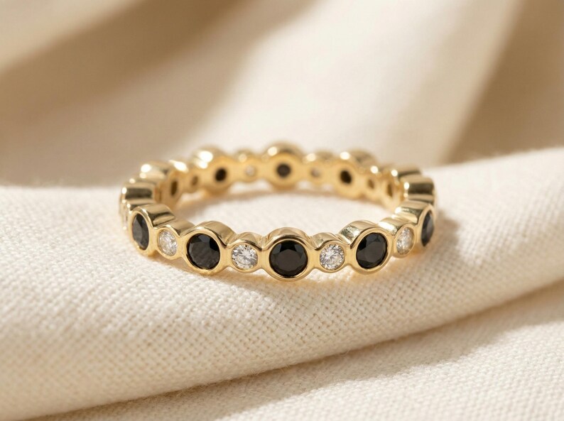 Alternating Bezel Set Gemstone Wedding Band, Full Eternity Stackable ...