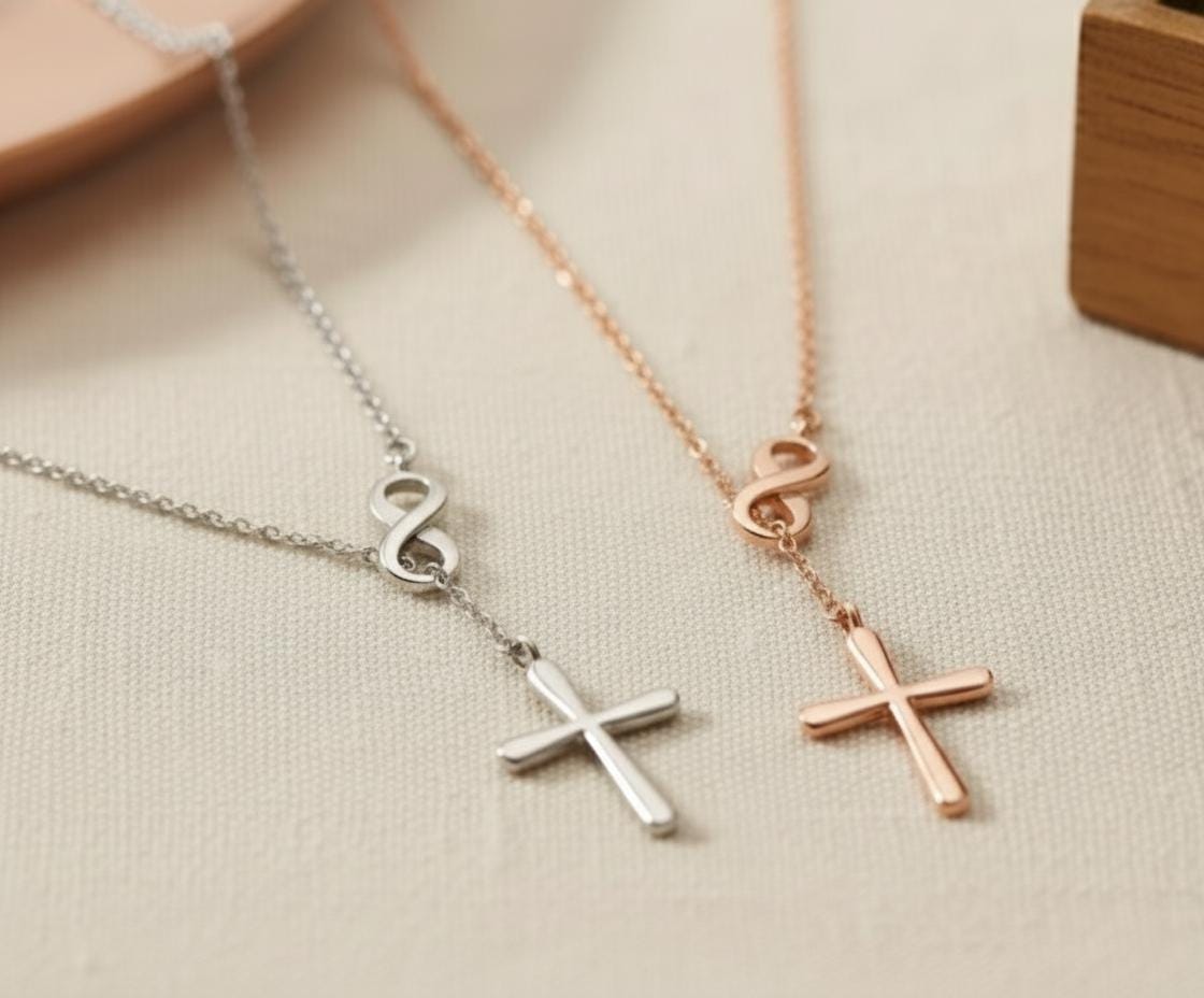 Infinity Cross Pendant Necklace, 14K Solid Gold Lariat Necklace ...