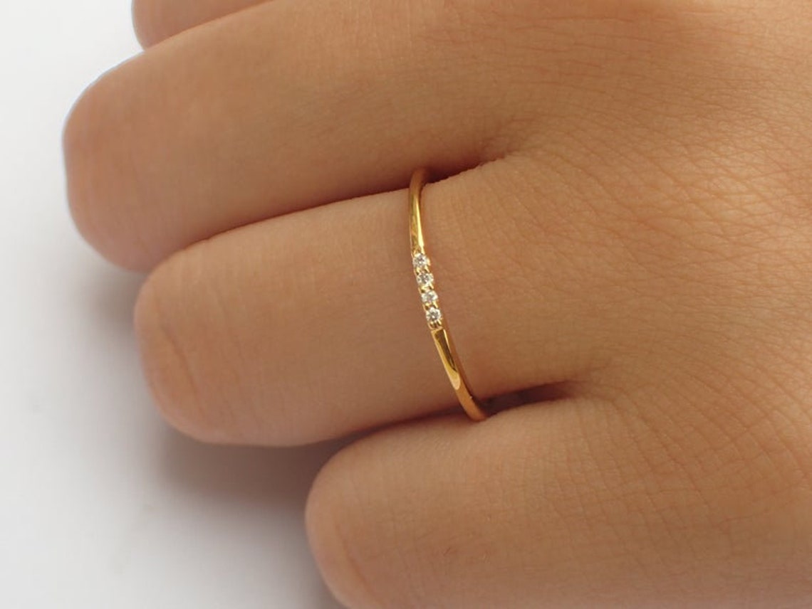 4 Diamonds Stackable Ring / 14k Solid Gold Minimalist Ring / | Etsy