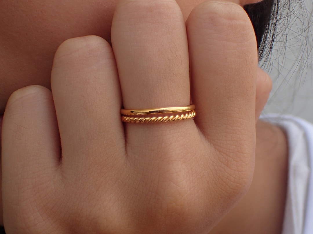 Twist Infinity Rings Set of 2, 14k Solid Gold Rope Rings, Thin Dainty Band, Simple Stacking Band ...