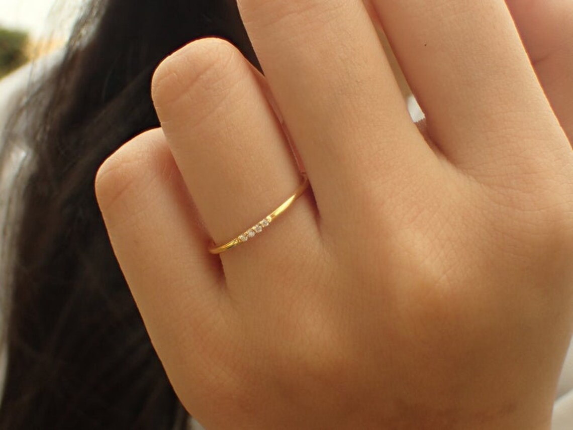 4 Diamonds Stackable Ring / 14k Solid Gold Minimalist Ring / | Etsy