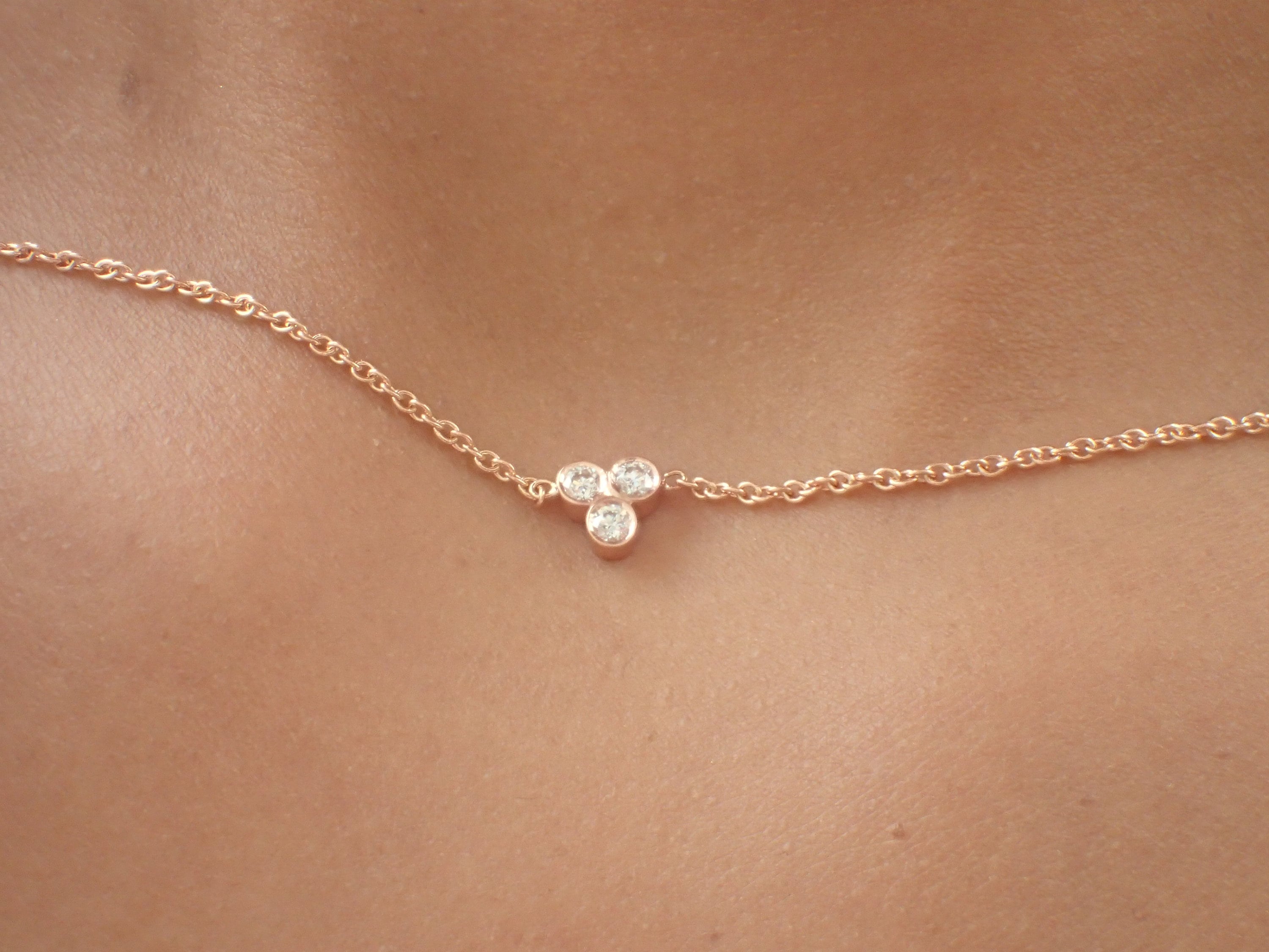 Diamond Cluster Necklace, 14K Solid Gold Trio Bezel Set Necklace ...