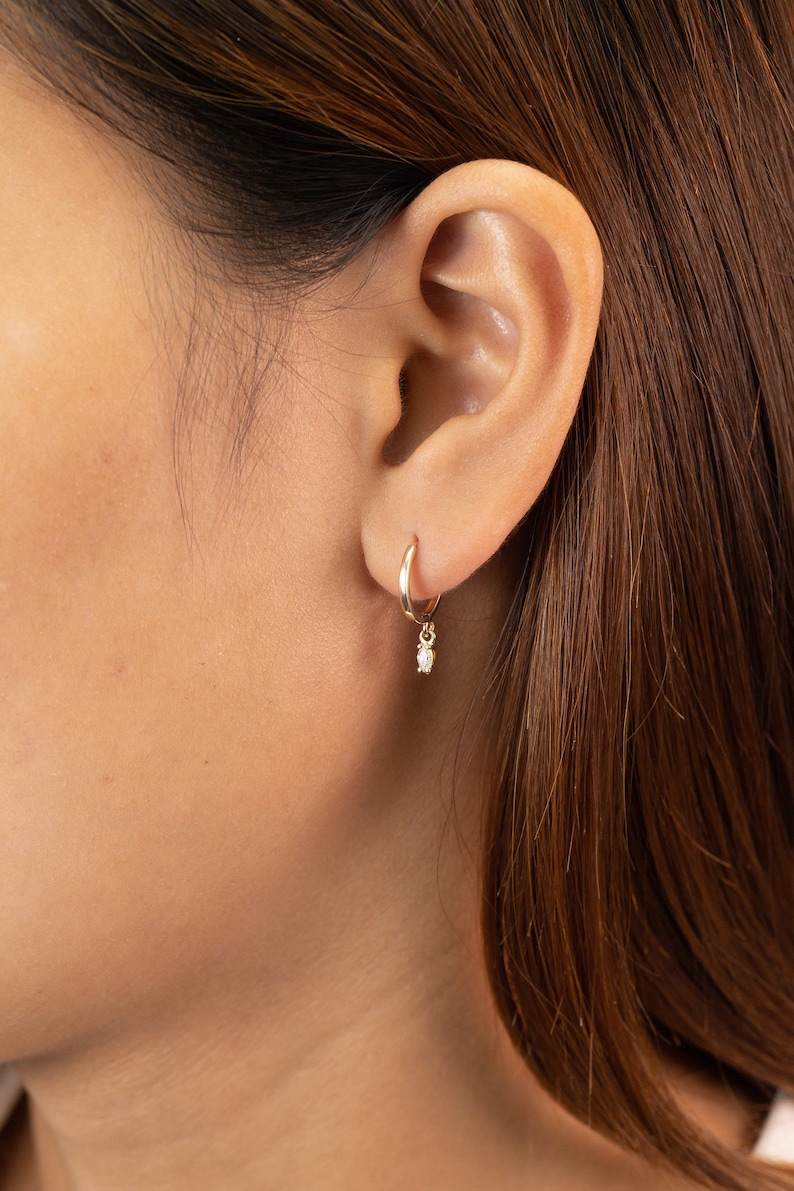 Dangle Drop Diamond Hoop Earrings, Tiny Earrings, Dainty & Minimalist ...