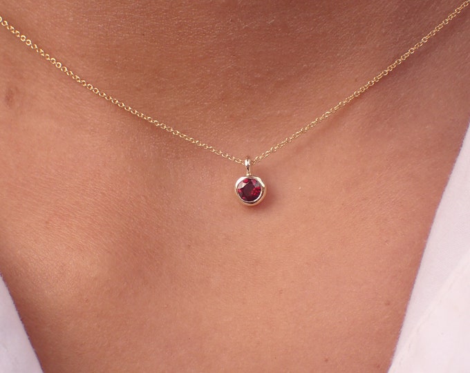 Ruby Necklace, Bezel Ruby Pendant, Sterling Silver Satellite Chain ...
