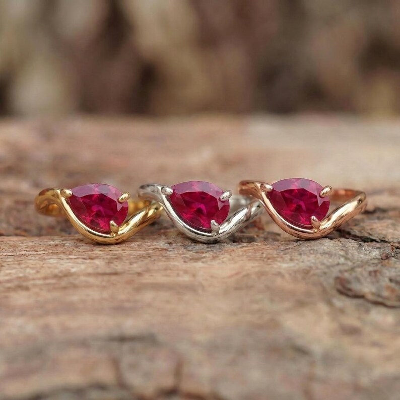 Elegant Pear Cut Ruby Solitaire Ring, Sterling Silver Bypass Ring ...