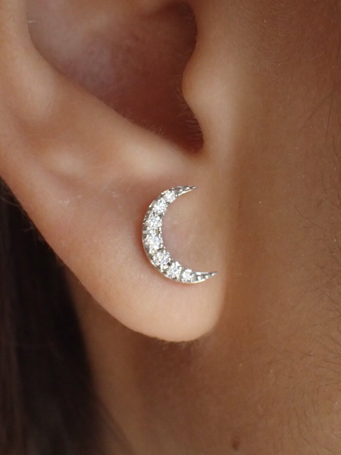 Moon Earrings / Moon Stud Earrings / Diamonds Moon Earrings - Etsy