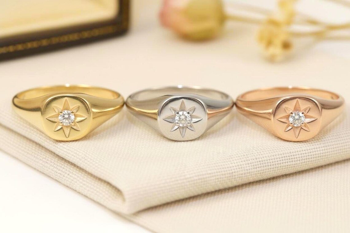 Diamond Signet Ring, 14K Solid Gold Star Setting Diamond Signet Ring ...
