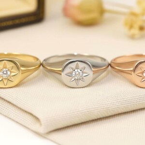 Diamond Signet Ring, 14K Solid Gold Star Setting Diamond Signet Ring ...
