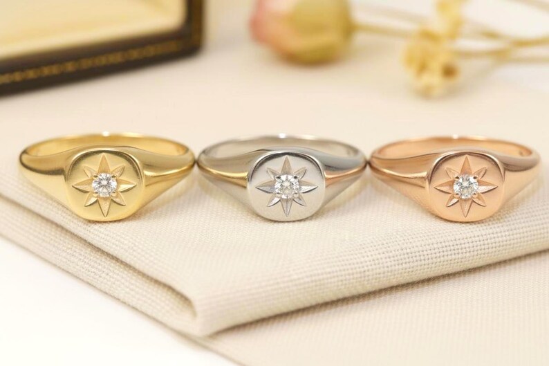 Diamond Signet Ring, 14K Solid Gold Star Setting Diamond Signet Ring ...
