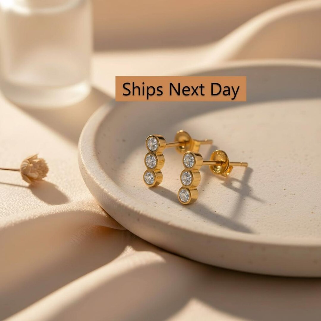 Three Stone Diamond Stud Earrings, 18K Gold Minimalist Earrings Gift ...