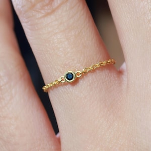 Bezel Set Black Diamond Chain Ring, April Birthstone Gifts, Delicate ...