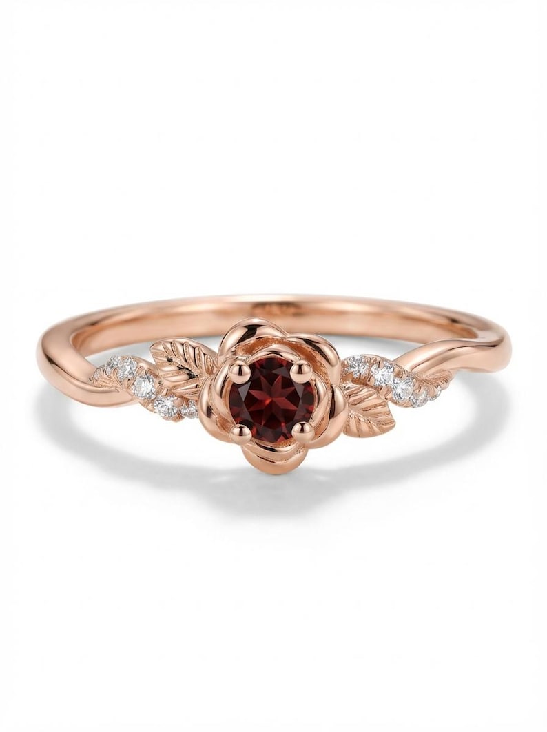 Flower Garnet Engagement Ring, Floral Twist Promise Ring for Women ...