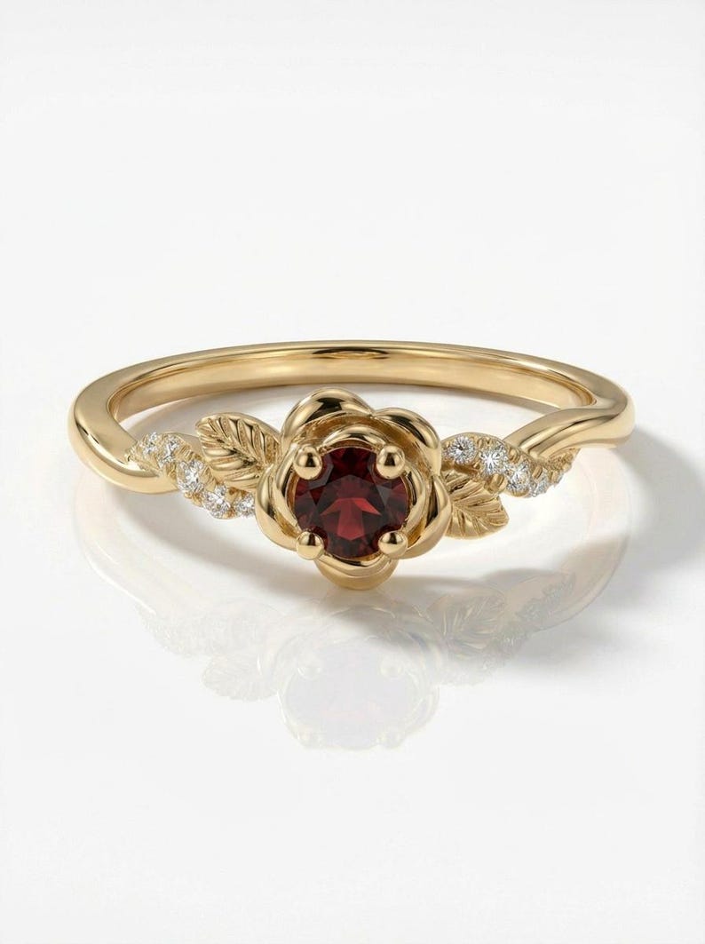 Flower Garnet Engagement Ring, Floral Twist Promise Ring for Women ...