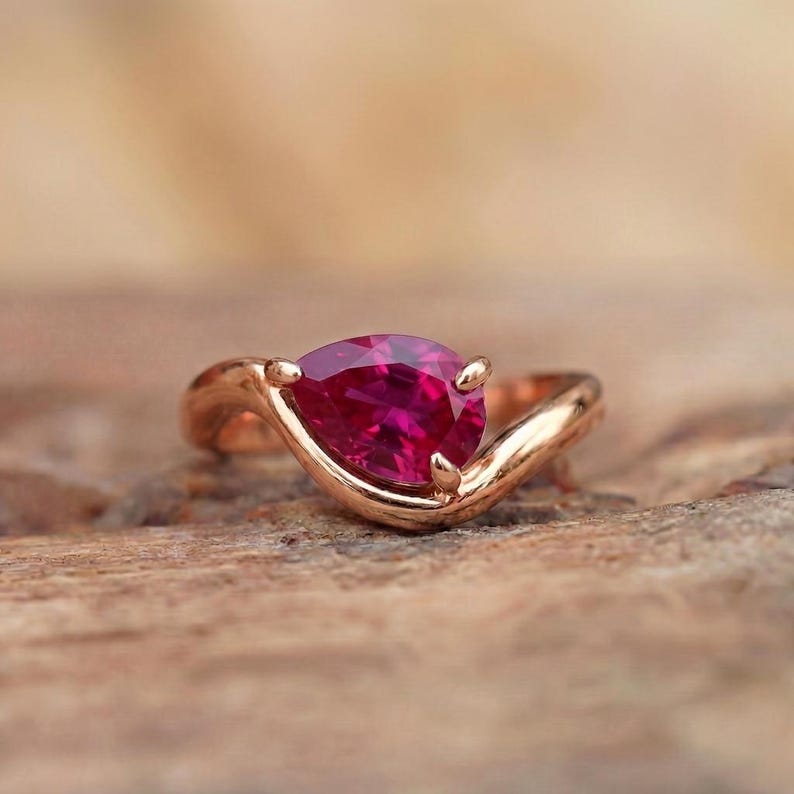 Elegant Pear Cut Ruby Solitaire Ring, Sterling Silver Bypass Ring ...