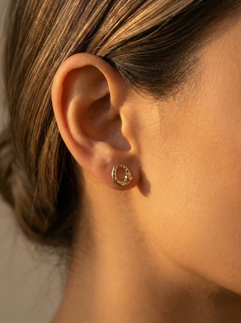 Horseshoe Stud Earrings, 14k Solid Gold Dainty Lucky Charm, Horse Lover ...