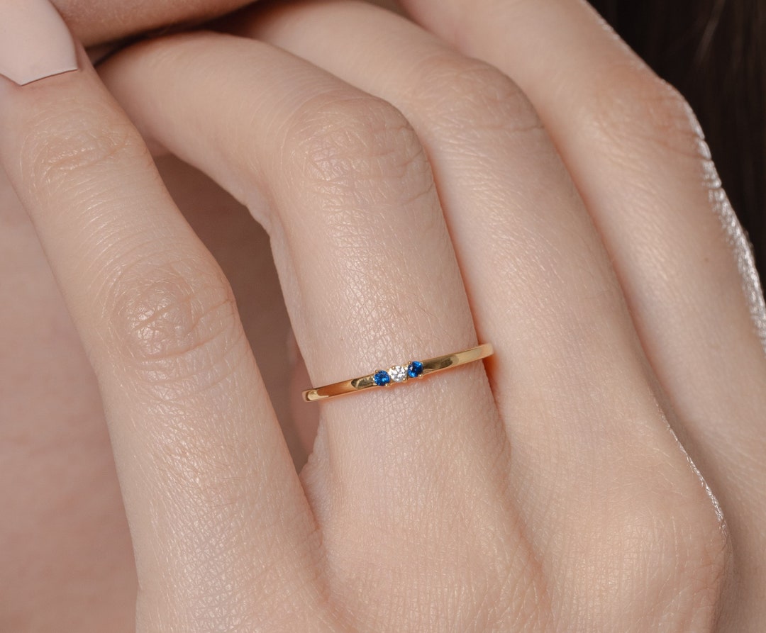 1.5MM Triple Birthstones Ring, 14k Solid Gold Thin Gold Stacking Rings ...
