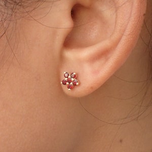 14k Gold Earring / Red Ruby Flower Earring Stud Post / Ruby Cluster ...