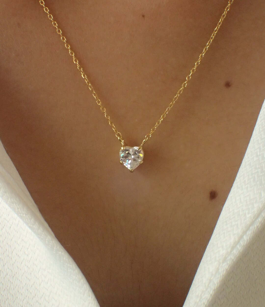 Dainty Heart Necklace / Diamond Prong Set Heart Pendant Necklace ...