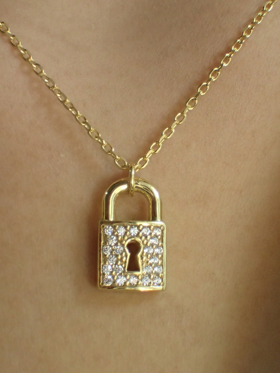 Sterling Silver Padlock Necklace / Diamonds Small Lock Charm / Padlock ...