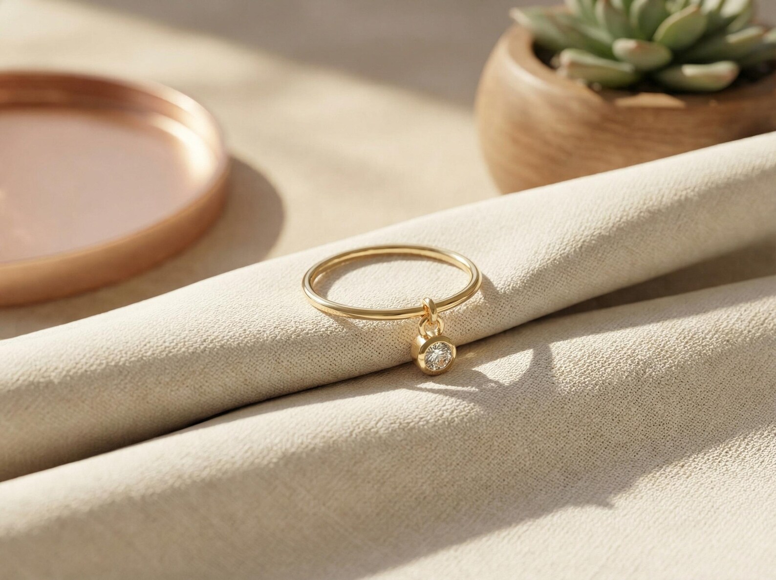 0.06ctw Round Cut Diamond Dangle Ring / 14k Yellow Gold Thin Ring ...