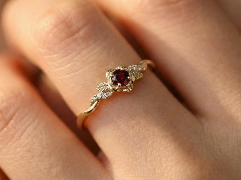 Flower Garnet Engagement Ring, Floral Twist Promise Ring for Women ...
