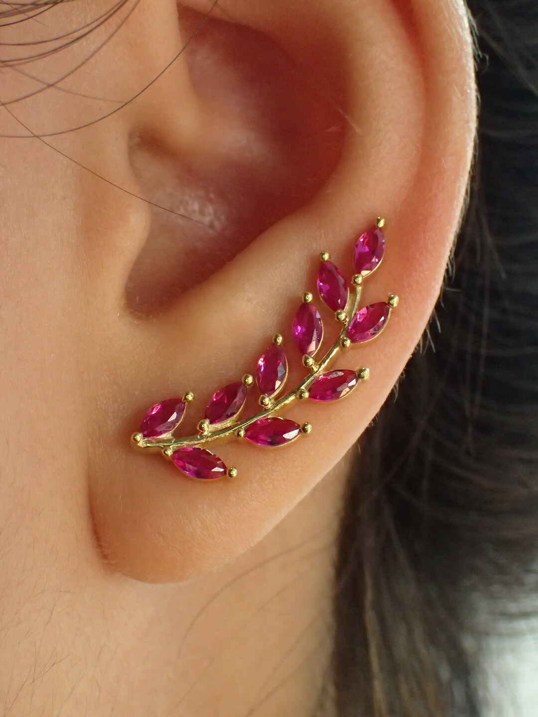Ruby Earring Climber / Ruby Ear Crawlers Earrings / Marquise Ear Climber Earrings / Bridesmaid ...
