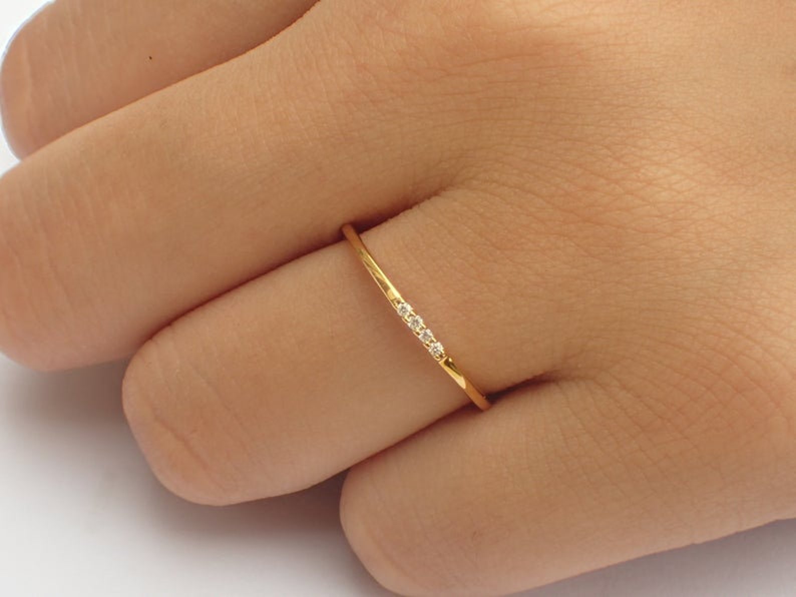 4 Diamonds Stackable Ring / 14k Solid Gold Minimalist Ring / | Etsy