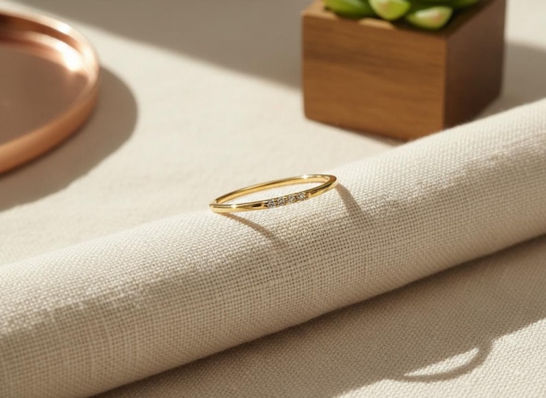 4 Diamonds Stackable Ring / 14k Solid Gold Minimalist Ring / Thin ...