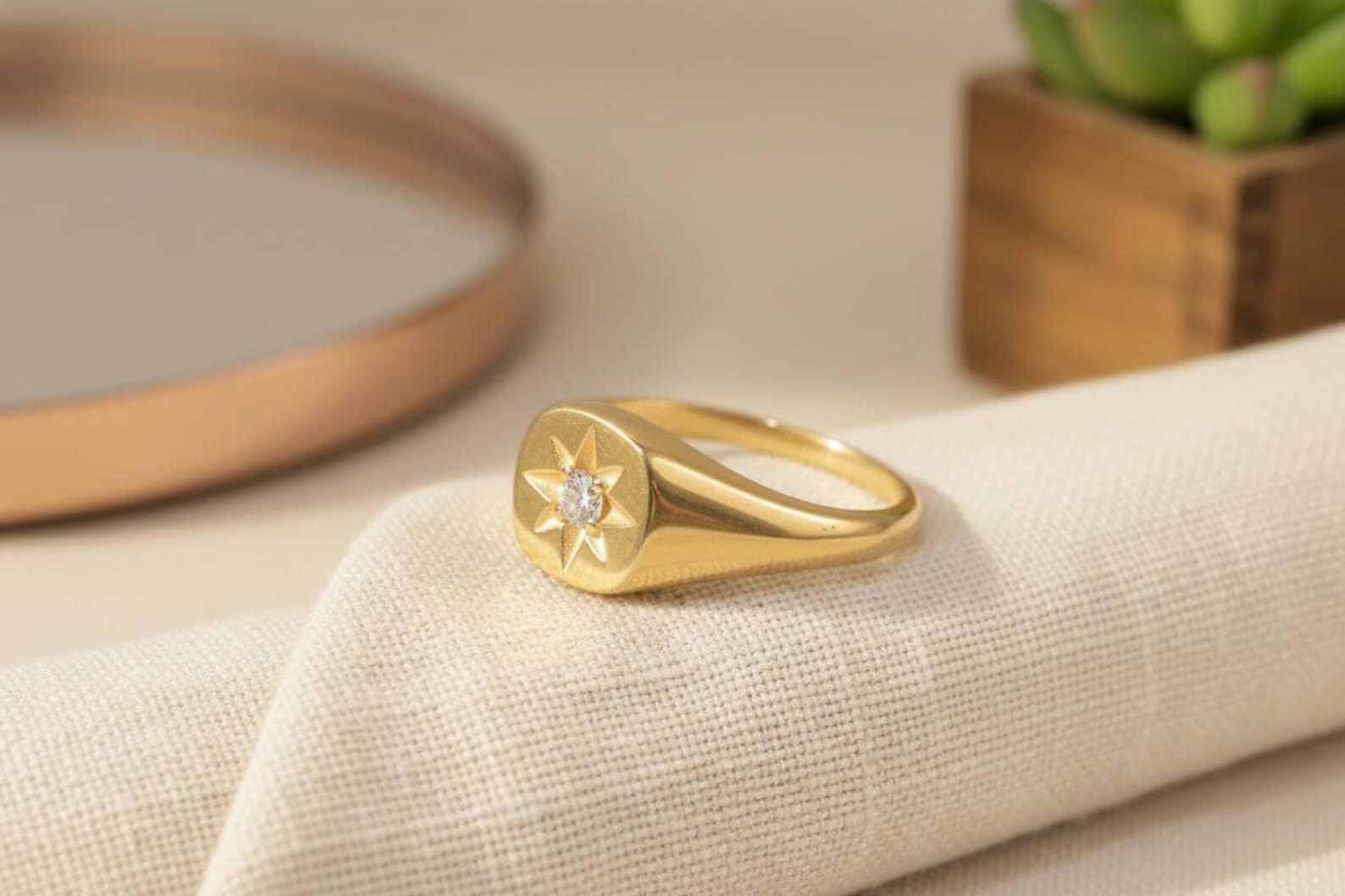 Diamond Signet Ring, 14K Solid Gold Star Setting Diamond Signet Ring ...