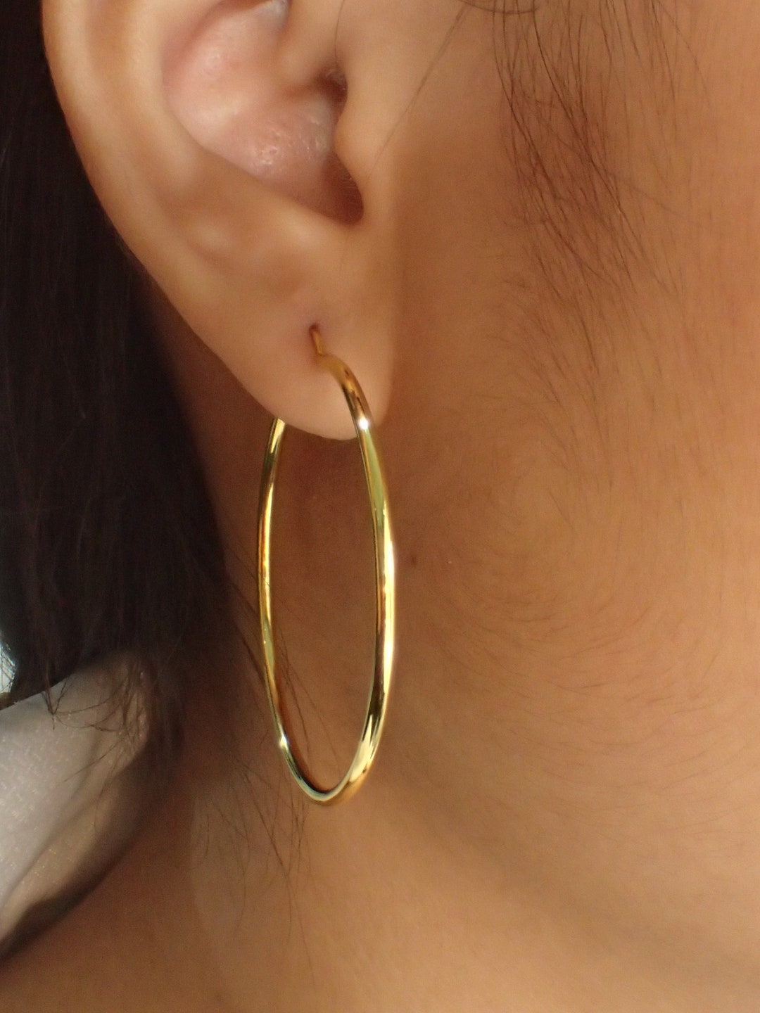 Hoop Earrings in 14K Solid Gold / 35mm Minimalist Lightweight Hoops ...