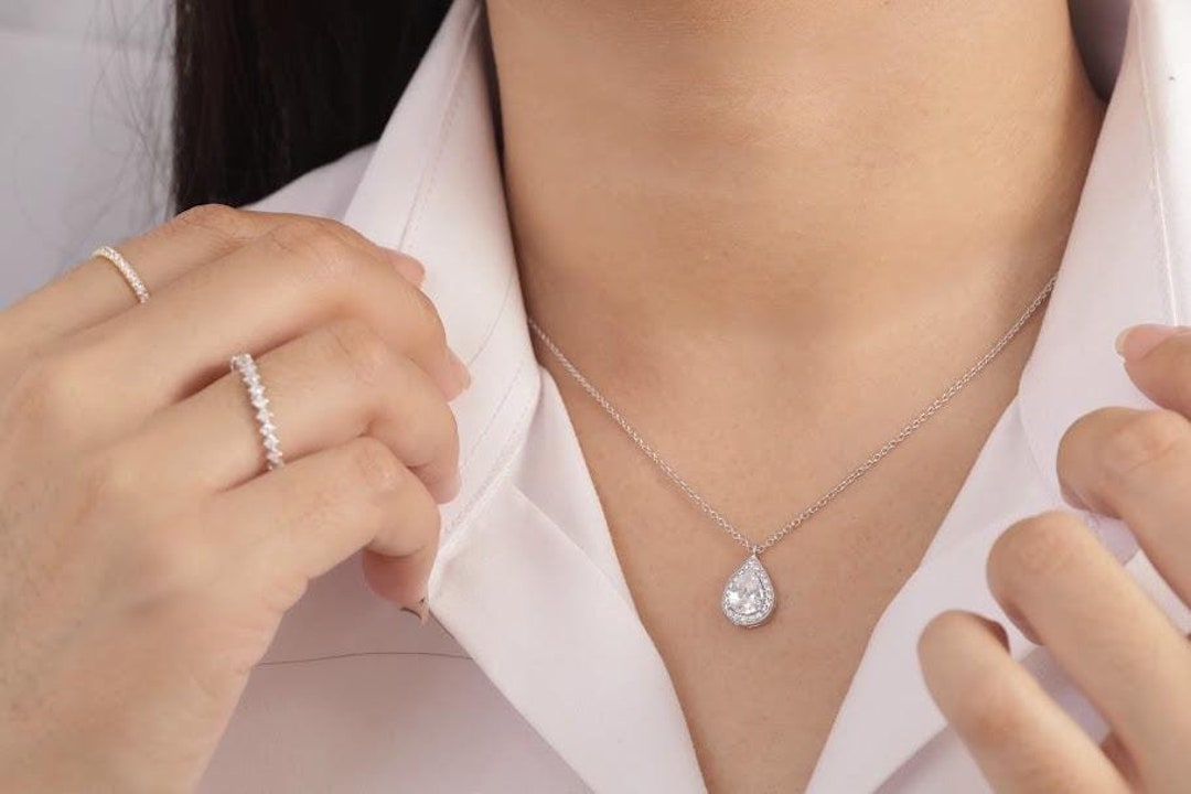 Tear Drop Diamond Necklace, Diamond Halo Pear Necklace, Wedding ...