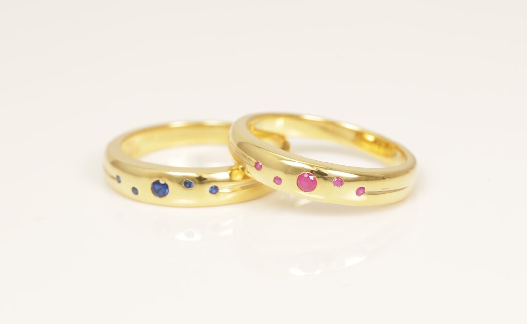 Flush Set Gemstones Wedding Band, Birthstone Ring, Bezel Set Gemstones ...