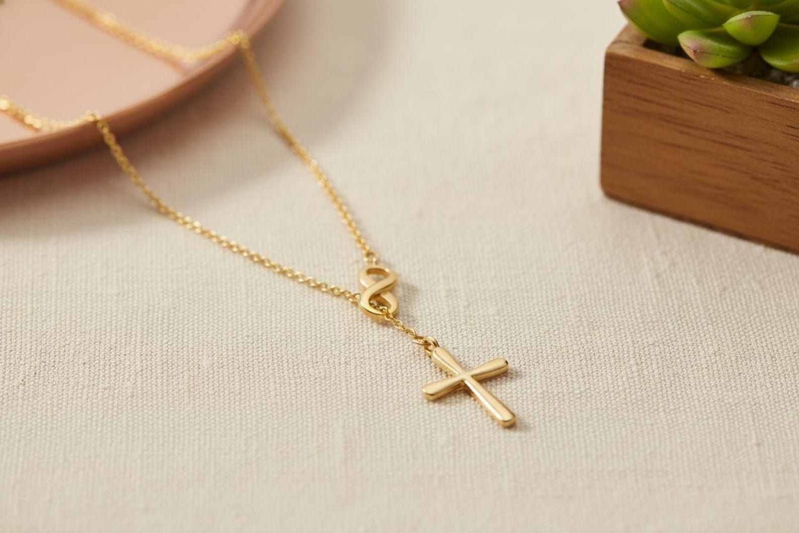 Infinity Cross Pendant Necklace, 14K Solid Gold Lariat Necklace ...
