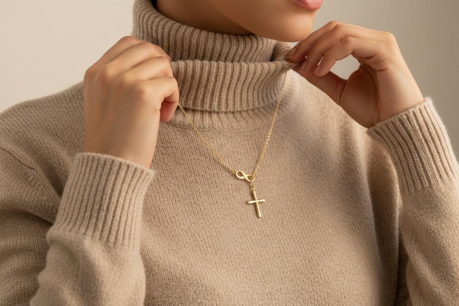 Infinity Cross Pendant Necklace, 14K Solid Gold Lariat Necklace ...