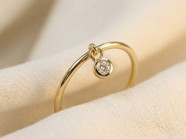 0.06ctw Round Cut Diamond Dangle Ring / 14k Yellow Gold Thin Ring ...