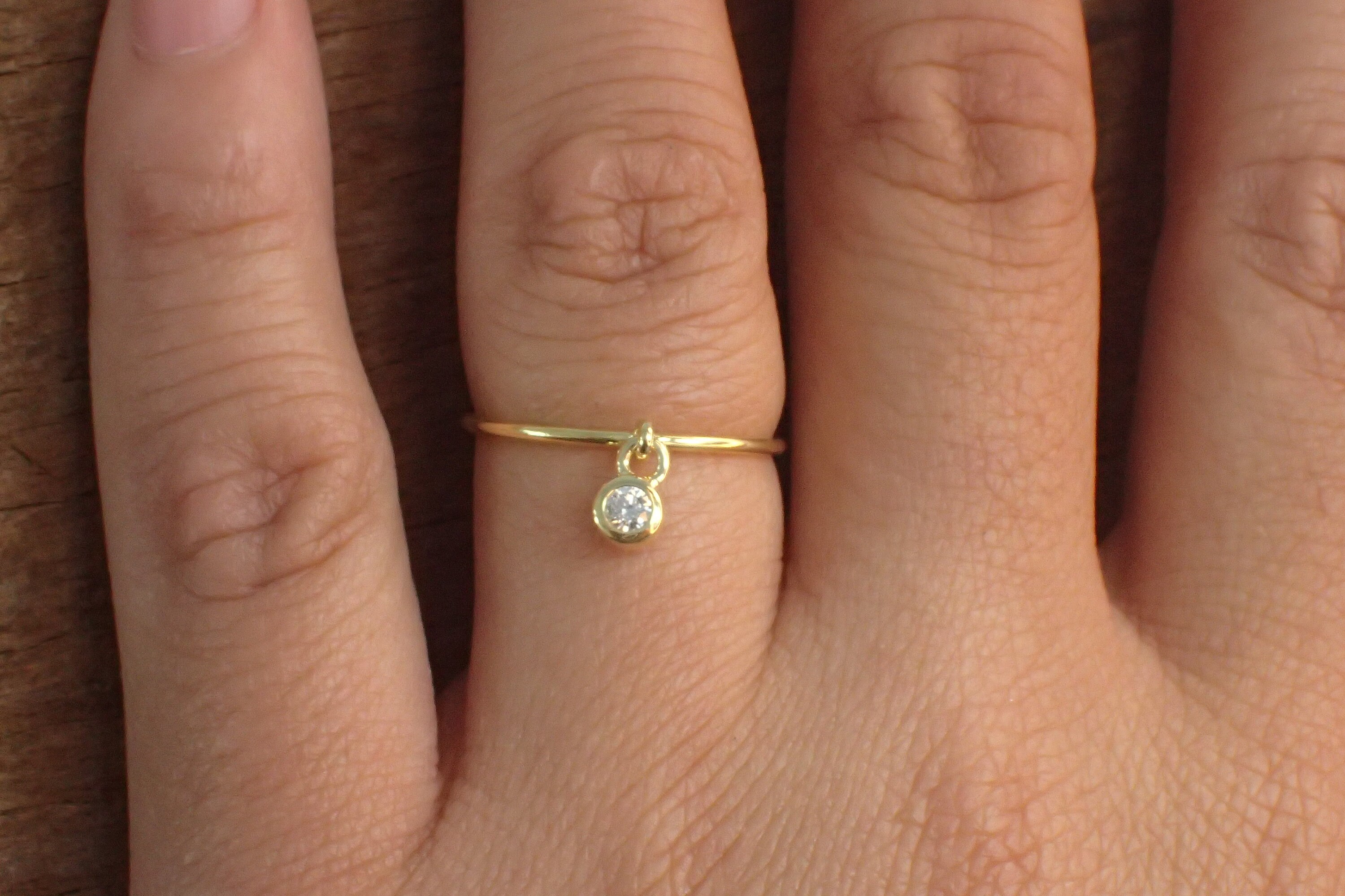 0.06ctw Round Cut Diamond Dangle Ring / 14k Yellow Gold Thin Ring ...