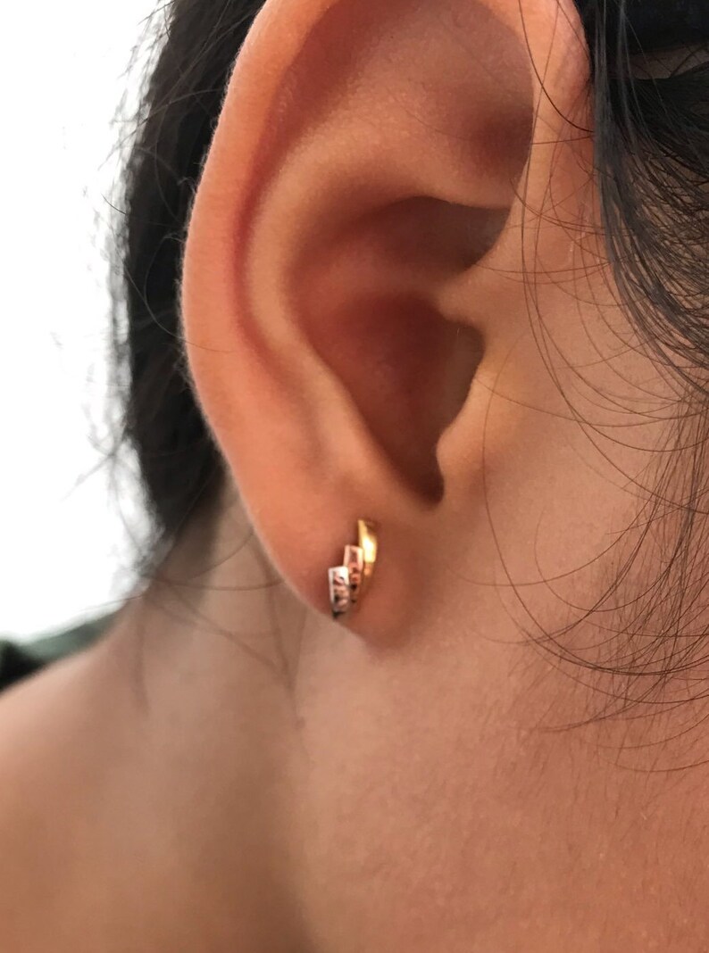 Three Color Earrings in 14K Solid Gold, Stud Post Earrings, Tri Color ...