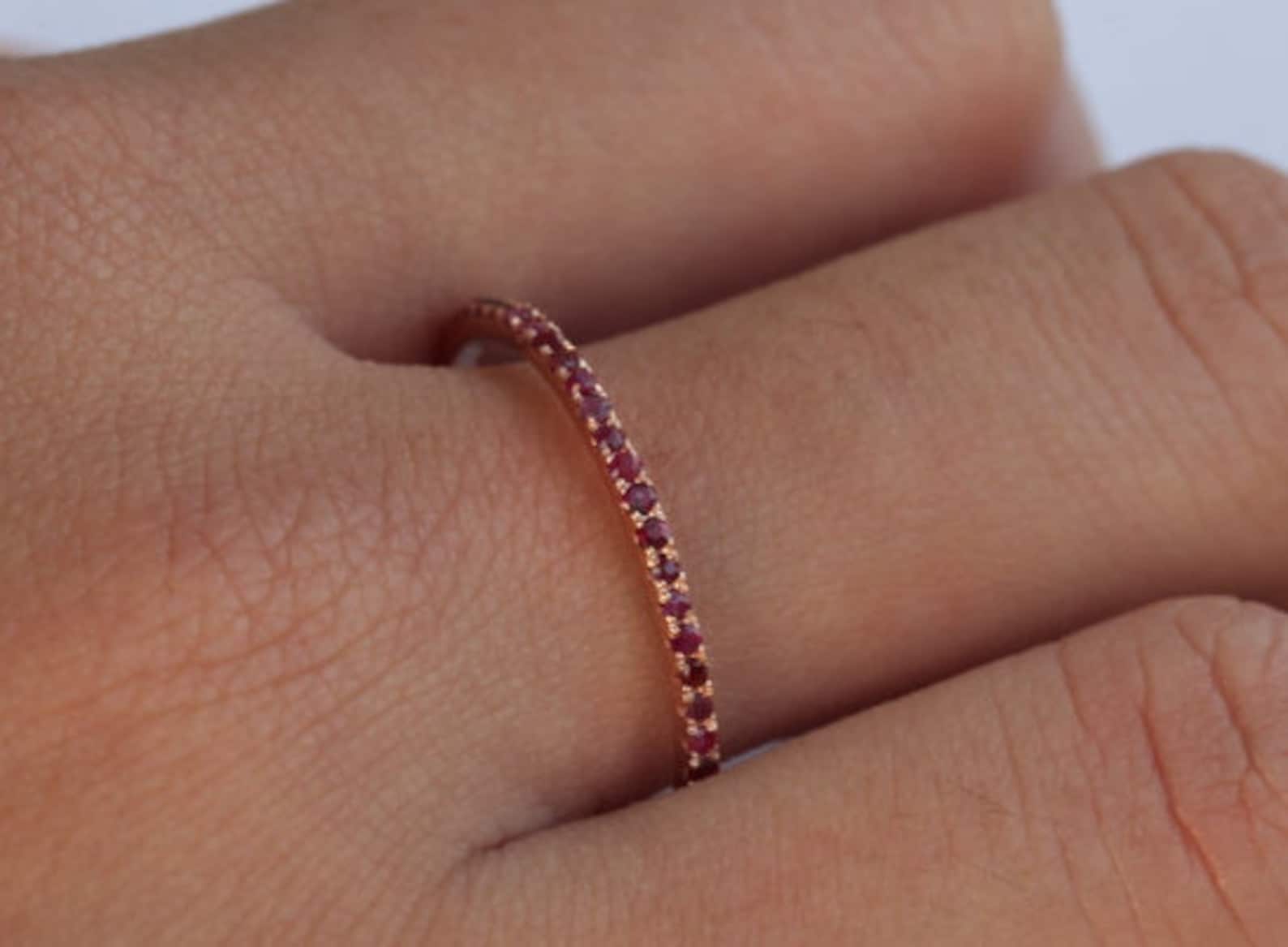 Micro Pave Ruby Half Eternity Wedding Band, Thin Dainty Stacking Ruby ...