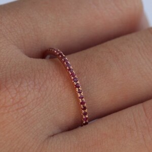 Micro Pave Ruby Half Eternity Wedding Band, Thin Dainty Stacking Ruby ...
