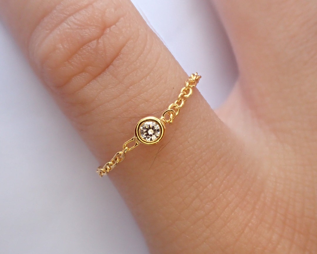 Dainty Diamond Chain Ring - 14k Gold Diamond Chain Ring - Natural ...