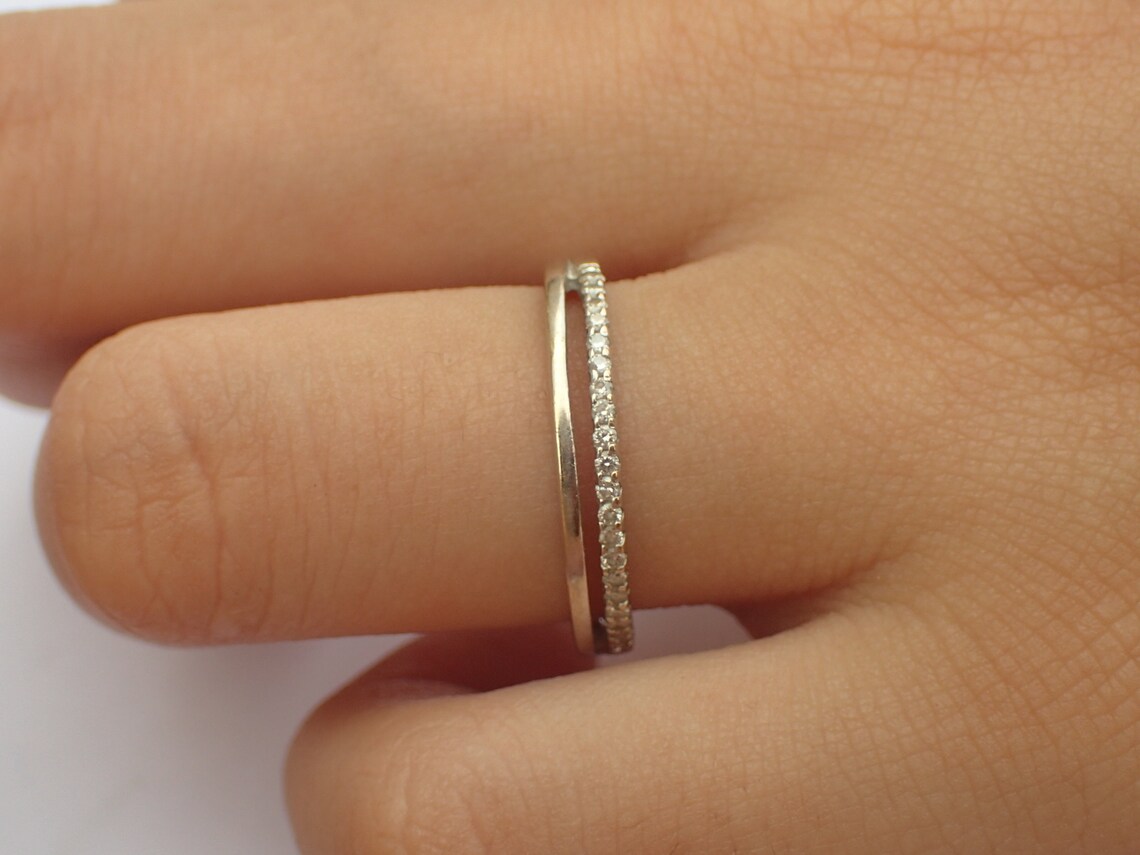 Double Row Diamond Wedding Band 14k White Gold Two Row Ring - Etsy