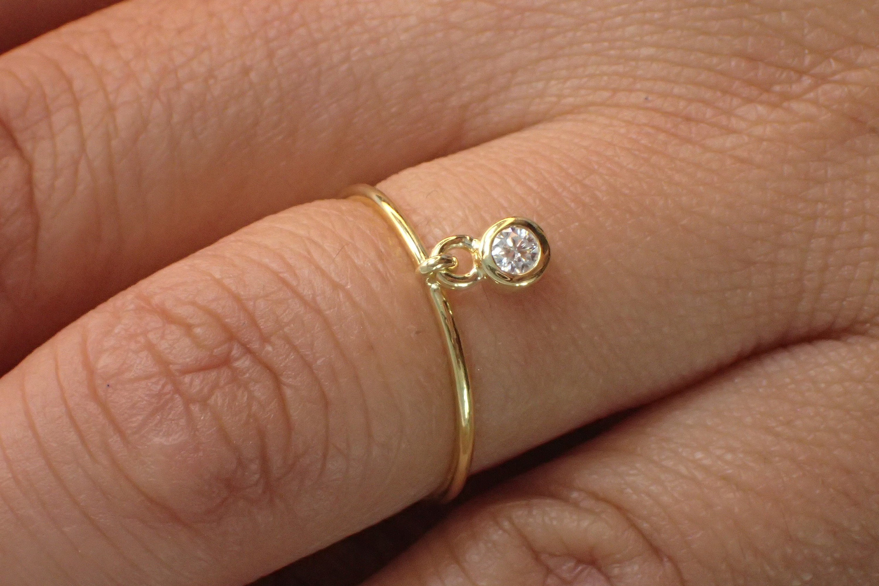 0.06ctw Round Cut Diamond Dangle Ring / 14k Yellow Gold Thin Ring ...